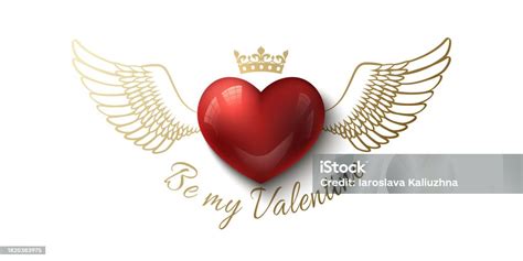 황금 날개 왕관 및 Be My Valentine 레터링이 있는 광택 있는 빨간색 3d 하트 인사말 카드 심장 패치 인쇄 아트 흰색 배경 발렌타인 데이 사랑 배경 낭만적 인