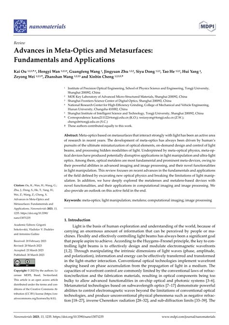Pdf Advances In Meta Optics And Metasurfaces Fundamentals And