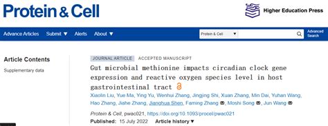 Protein And Cell 菌群代谢物甲硫氨酸影响宿主时钟基因表达和活性氧水平 肿瘤细胞 氨基酸代谢 非靶向代谢 脂质 多组学代谢流检测分析 脂肪酸定量 肠道微生物菌群检测 麦特绘谱