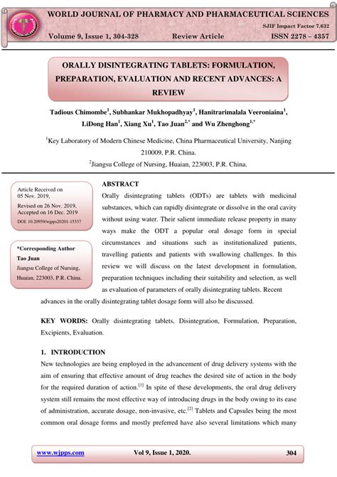 Pdf Orally Disintegrating Tablets Formulation Preparation Evaluation And Recent Advances A