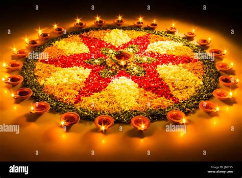 Deepavali Festival Lighting Diya Rangoli Design Celebration Stock Photo