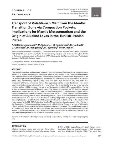 [pdf] Transport Of Volatile Rich Melt From The Mantle Transition Zone Via Compaction Pockets
