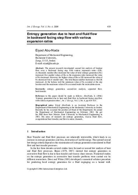 Pdf Entropy Generation Due To Heat And Fluid Flow In Backward Facing Step Flow With Various