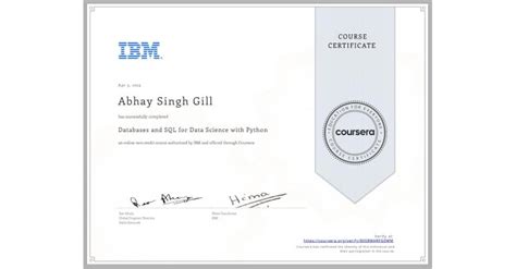 Completion Certificate For Databases And Sql For Data Science With Python Abhay Singh Gill