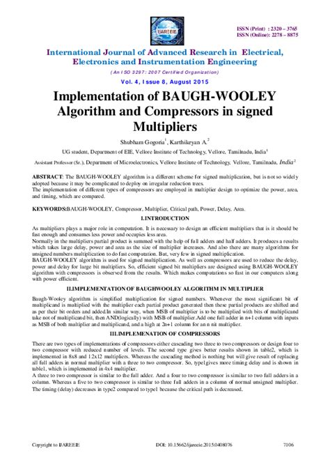 Pdf Implementation Of Baugh Wooley Algorithm And Compressors In