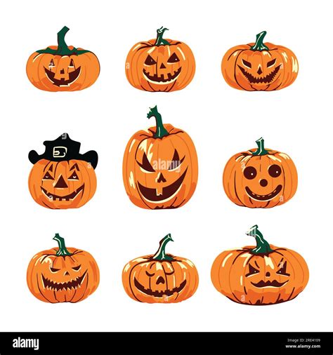 Set Of Halloween Pumpkins Funny Faces Spooky Creepy Pumpkins Vector