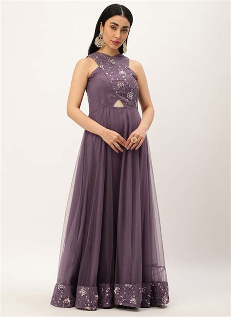 Shop Purple Net Embroidered Halter Neck Gown Festive Wear Online At