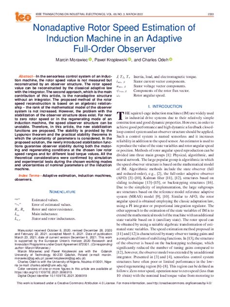 Pdf Non Adaptive Rotor Speed Estimation Of Induction Machine In An Adaptive Full Order Observer