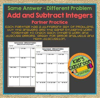 Integer Addition Subtraction Partner Activity Same Answer Different Problem