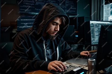 Premium Photo Hacker Programmer Who Sits In A Hoodie Behind A