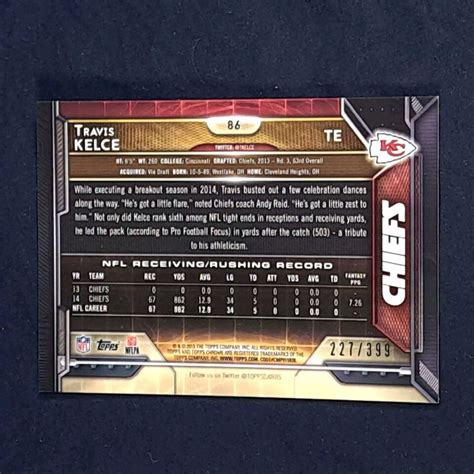 2015 Topps Chrome Travis Kelce Pink Refractor 227 399 Card 86 KC