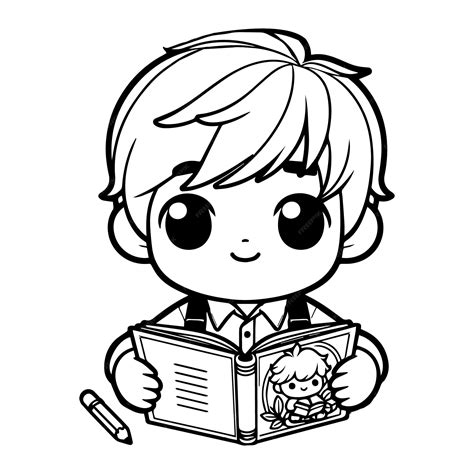 Милый мальчик читает книгу для окрашивания страницы Линия искусства Вектор Премиум векторы