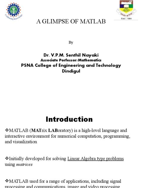 a glimpse of matlab dr v p m senthil nayaki psna college of