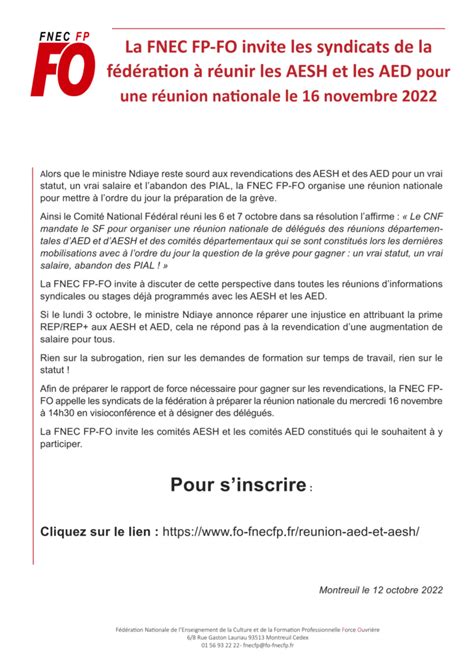 La FNEC FP FO invite les syndicats de la fédération à réunir les AESH et les AED pour une