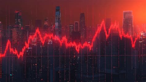 Red Line Chart Over Cityscape Representing Financial Market Volatility