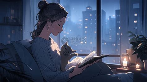 夜晚在窗前抱着猫看书的卡通女人插画图片下载 正版图片402504287 摄图网