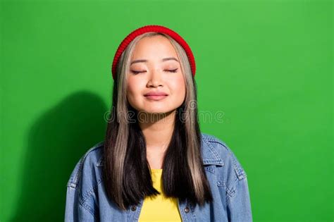 Photo Of Positive Adorable Lady Wear Denim Jacket Closed Eyes Empty