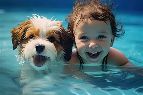 Niño Con Su Perro En Una Piscina Foto Premium