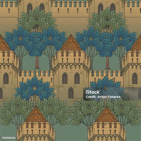 중세 도시 건축 중세 태피 스 트리 또는 조명 원고 스타일의 완벽 한 패턴 태피스트리에 대한 스톡 벡터 아트 및 기타 이미지 태피스트리 중세 성 건축물 Istock