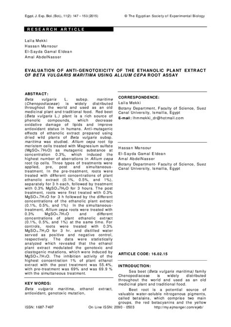 Pdf Evaluation Of Anti Genotoxicity Of The Ethanolic Plant Extract Of