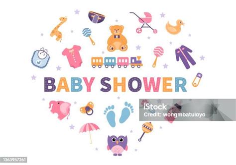 귀여운 디자인 장난감과 액세서리 신생아 배경 일러스트와 아기 샤워 어린 소년 또는 소녀 초대 및 인사말 카드에 대한 일러스트 0명에 대한 스톡 벡터 아트 및 기타 이미지