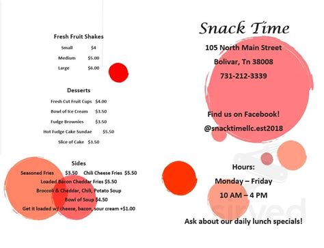 Snack Time Menus In Bolivar Tennessee United States