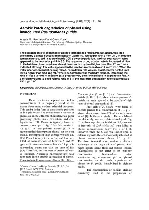 Pdf Aerobic Batch Degradation Of Phenol Using Immobilized Pseudomonas