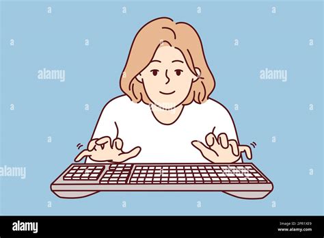 Young Woman Blogger Typing Keyboard Looks At Screen While Typing E Mail Message Vector Image