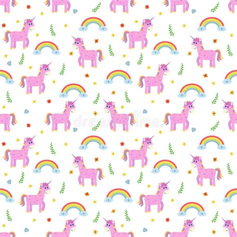 Seamless Pattern With Cute Pink Unicorns And Rainbows Fashion C Stock