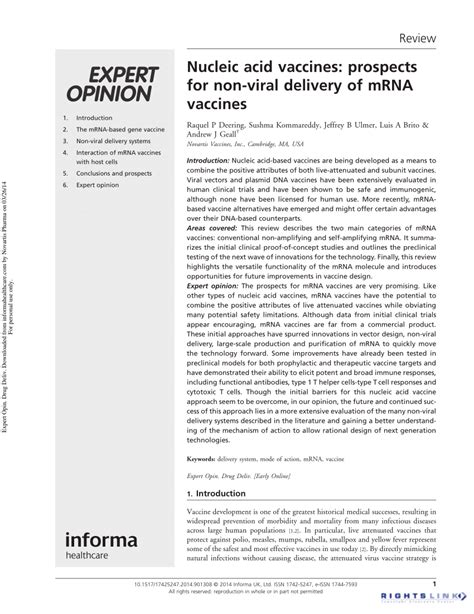 Pdf Nucleic Acid Vaccines Prospects For Non Viral Delivery Of Mrna