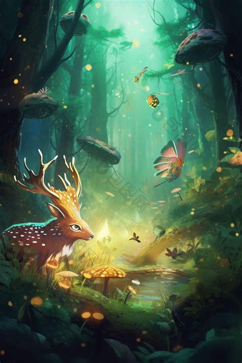 森林中精灵蝴蝶仙境插画图片 包图网