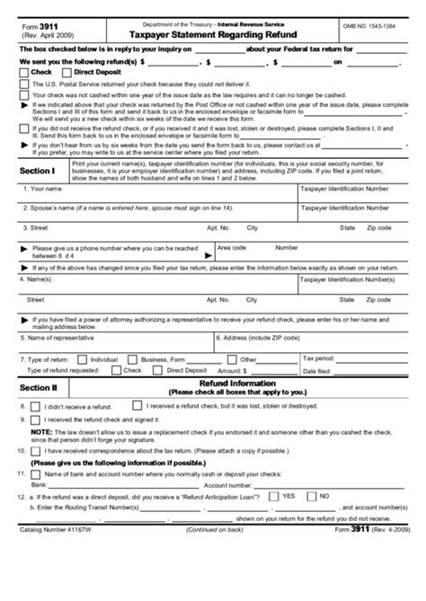 Form 3911 Taxpayer Statement Regarding Refund Fillible Printable