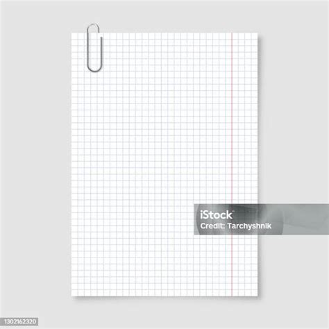 금속 클립이있는 A4 형식의 사실적인 빈 종이 시트 회색 배경에 홀더 노트북 페이지 문서 템플릿 또는 모형을 디자인합니다 벡터 일러스트레이션 0명에 대한 스톡 벡터 아트 및