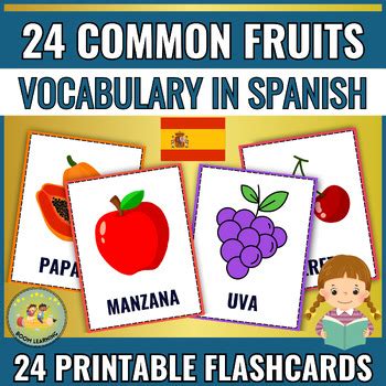 Spanish Common Fruits Vocabulary Flash Cards Fruits Printable Posters
