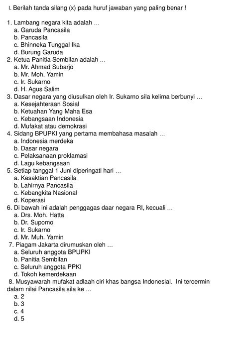 Soal Ulangan Formatif Kesatu Mata Pelajaran PENDIDIKAN KEWARGANEGARAAN