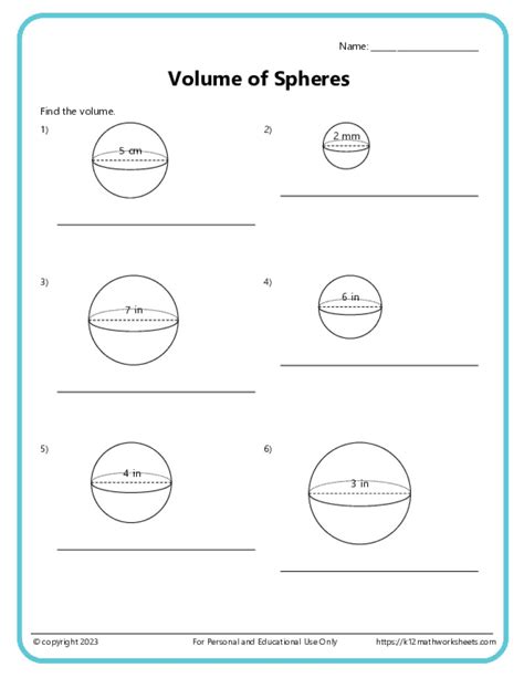 Volume And Surface Area Of Spheres K12 Math Worksheets