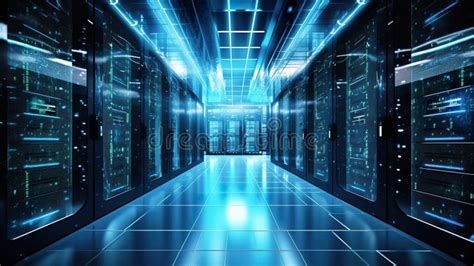 A Long Hallway With Rows Of Servers In It Generative Ai Image Stock Illustration