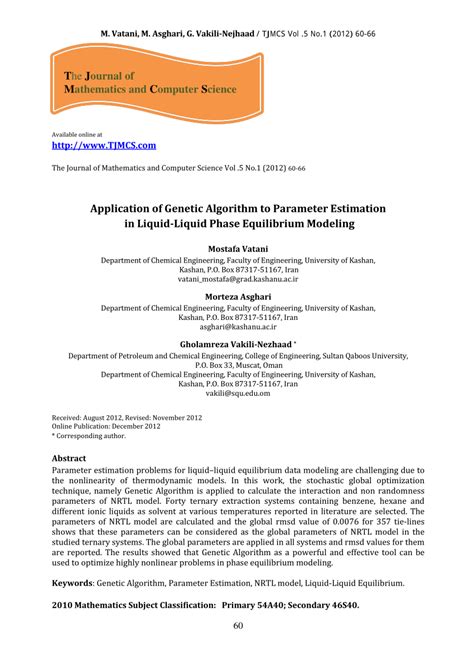 Pdf Application Of Genetic Algorithm To Parameter Estimation In Liquid Liquid Phase