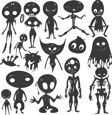 Silhouette Hand Drawn Cute Alien Kawaii Doodle Collection Black Color