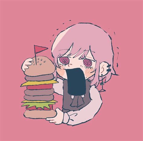 デケェハンバーガーを一口でいこうとするキガちゃん ズ丸のイラスト