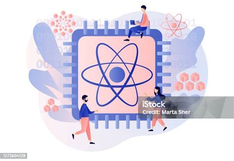 양자 컴퓨팅 개념 큰 양자 컴퓨터 칩으로 일하는 작은 사람들 엔지니어와 과학자 광학 기술 포토닉스 연구 현대 플랫 만화 스타일
