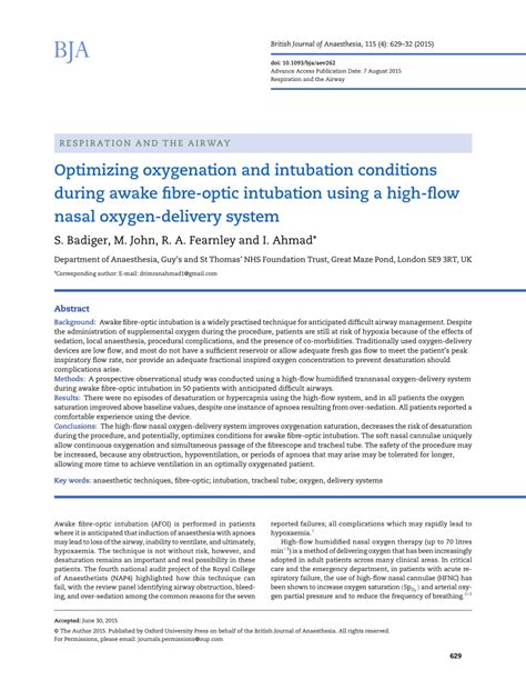 Pdf Optimizing Oxygenation And Intubation Conditions During Awake Fibre Optic Intubation Using