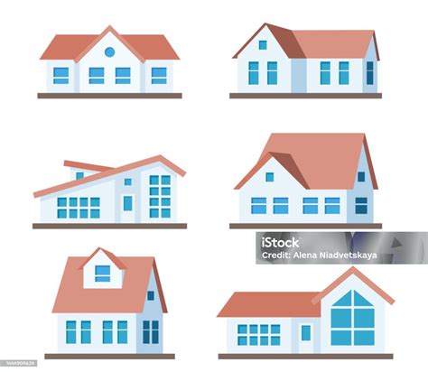 주택 세트 교외 미국 주택 외관 정면도 흰색 배경에 고립 된 고전적이고 현대적인 미국 주택 컬렉션입니다 벡터 그림입니다 시골집에 대한 스톡 벡터 아트 및 기타 이미지