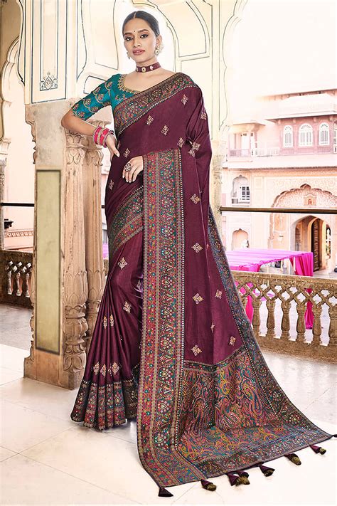 Buy Plum Silk Saree With Kashmiri Border Online Like A Diva