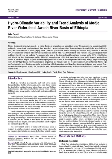 Pdf Hydro Climatic Variability And Trend Analysis Of Modjo River