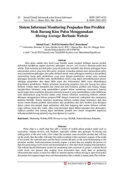 Pdf Sistem Informasi Monitoring Penjualan Dan Prediksi Stok Barang