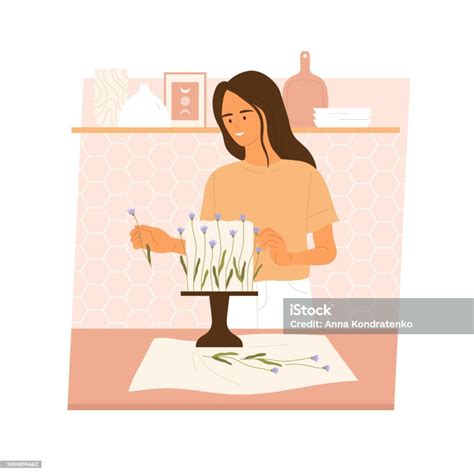 신선한 꽃으로 케이크를 장식하는 부엌에있는 소녀 달콤하고 현대적인 케이크 미학 유기농 디저트를 요리하는 여성 만화 스타일의 벡터 일러스트레이션 고립 된 흰색 배경 가공의