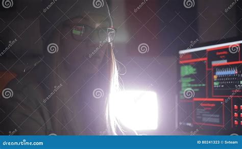 Female Computer Programmer Coding Hacking In Dark Room Stock Video Video Of Programmer