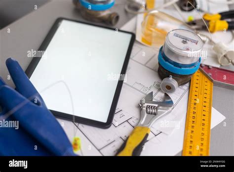 Architect Working On Blueprint Architects Workplace Architectural