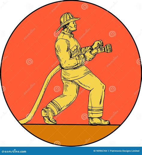 Fireman Firefighter Holding Fire Hose Circle Drawing Stock Vector